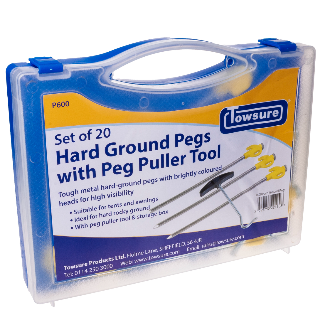 Towsure 20 Hard Ground Tent Pegs with Puller Tool | Heavy Duty Pegs